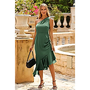 PRETTYGARDEN Women's 2023 Casual Summer Dress One Shoulder Sleeveless Ruffle Hem Wedding Guest Ruched Bodycon Maxi Dresses (Army Green,Medium)