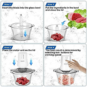 Electric Food Processor, 2L Meat Grinder with 2 Speed Food Chopper & Vegetable Chopper, 8 Cup with Powerful 350W Food Chopper for Vegetables, Fruits, Meat, Nuts, Beans, etc（4 Sharp Blades）