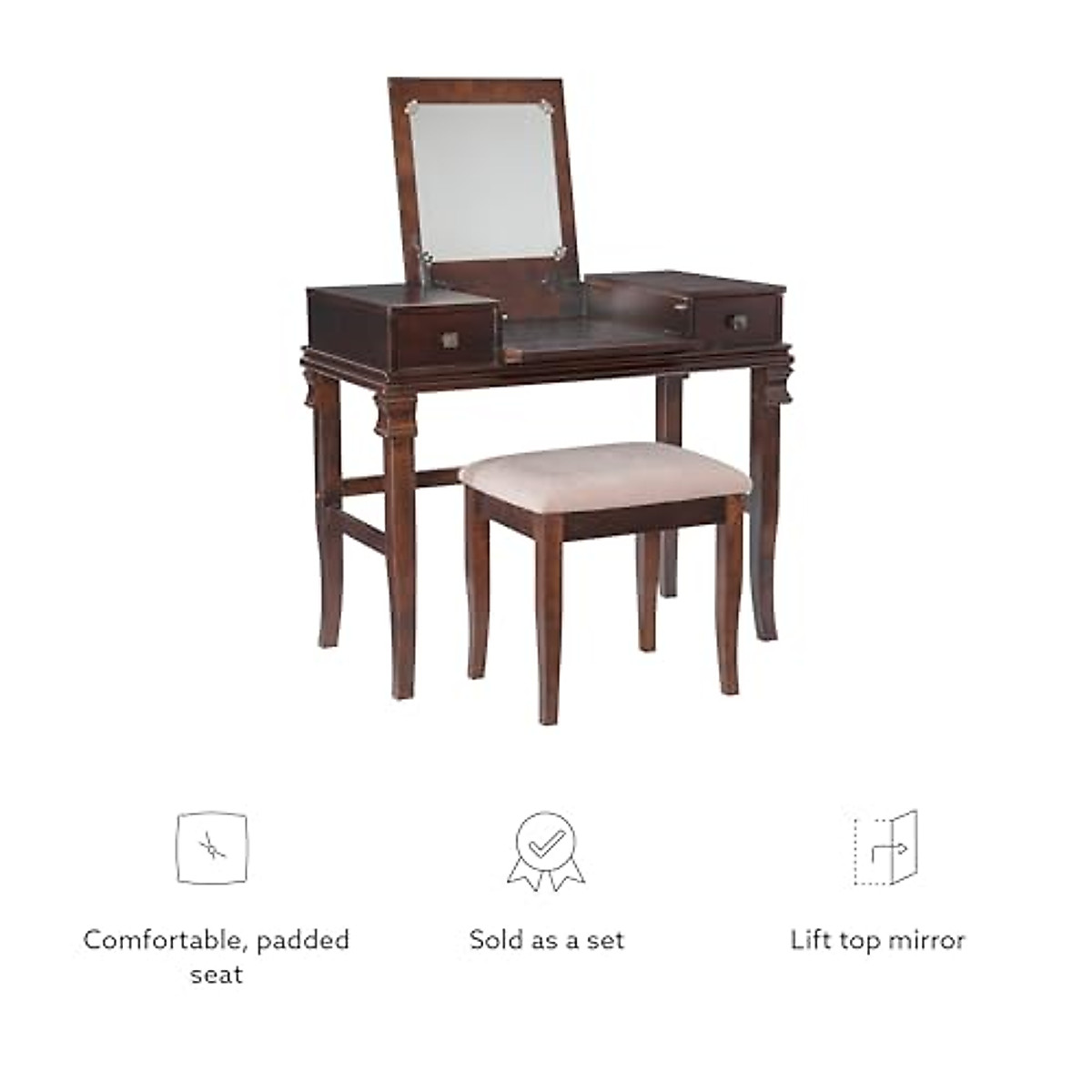 Linon Angela Walnut Vanity Set,30" x 36" x 18"