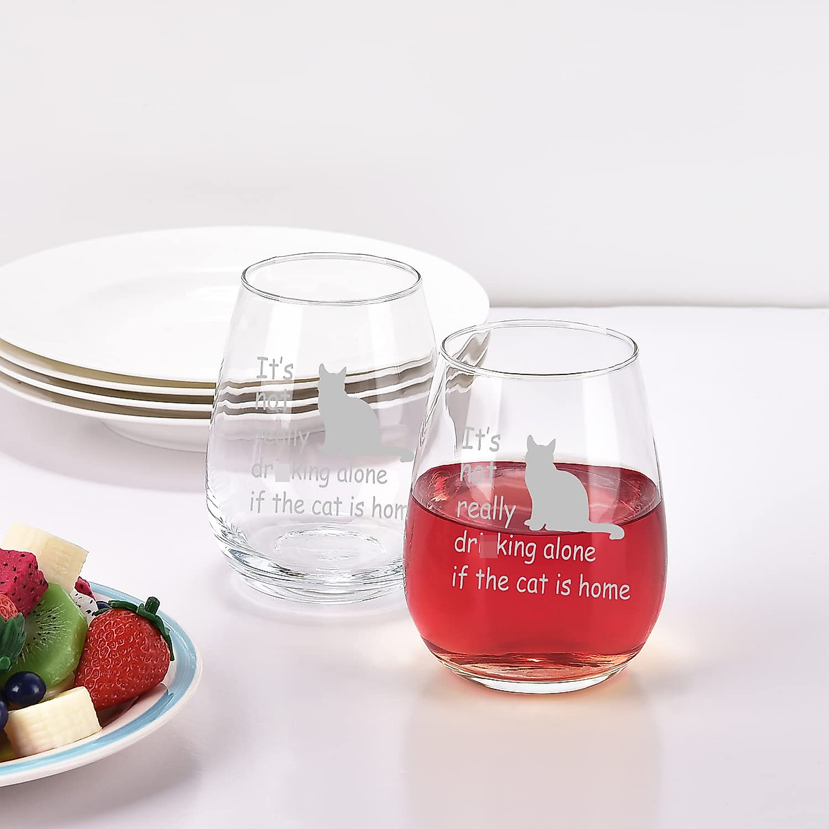 It's Not Really Drixking Alone If The Cat is Home Wine Glass Set of 2, Funny Cat Lover Stemless Wine Glass Set, Unique Christmas, Birthday, Housewarming Gift for Wine Lovers, Friends, Women, Men 15Oz