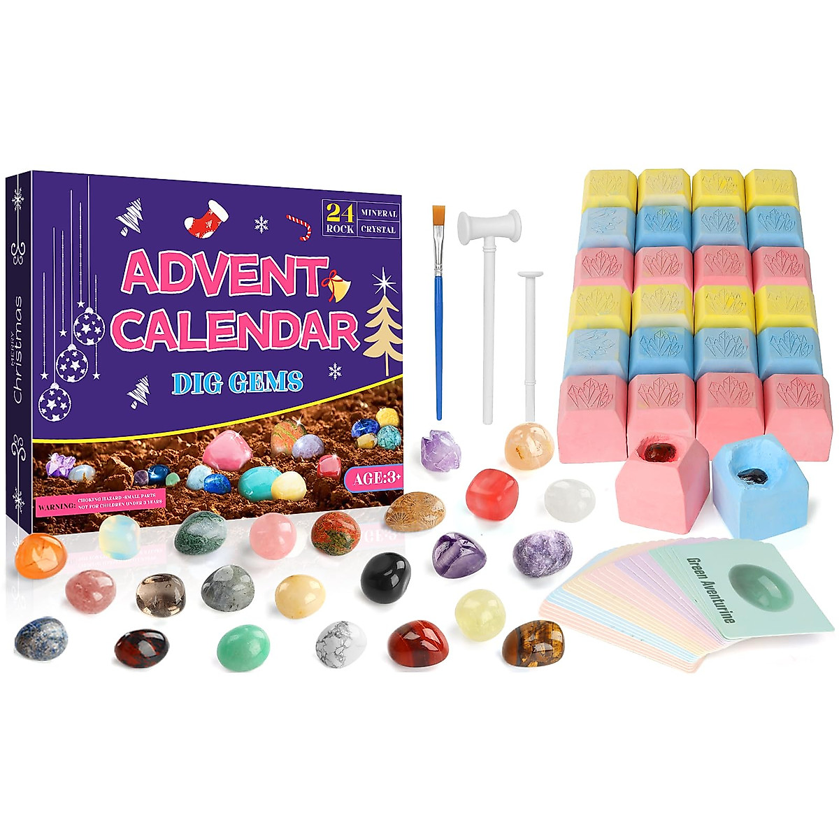 JELMOK Advent Calendar 2024, Gemstone Dig Kit, Valentines Day Cards for Kids,Dig up 24 Real Gems,24 Days Natural Crystal Countdown Calendar Educational Science Kits for Kids Boys Girls
