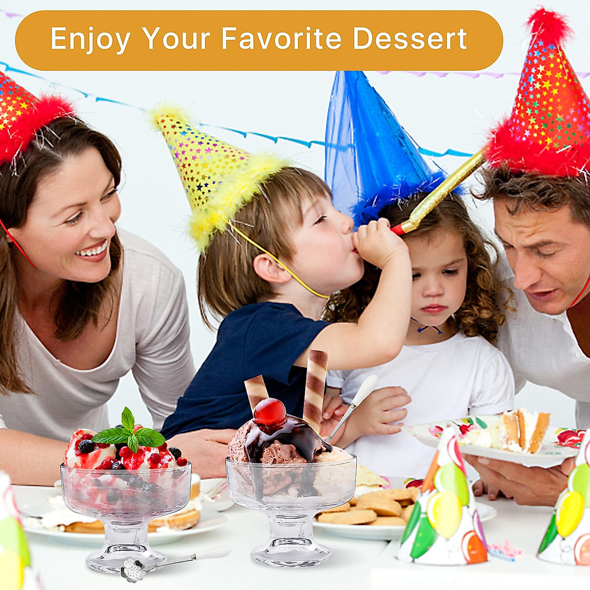 Akamino 6 Pack Glass Dessert Bowls with 3 Pack Flower Spoons, 6.5 oz Ice Cream Bowls Mini Trifle Bowl, Crystal Glass Bowls for Sundae,Fruit,Salad, Pudding, Nuts,Snack