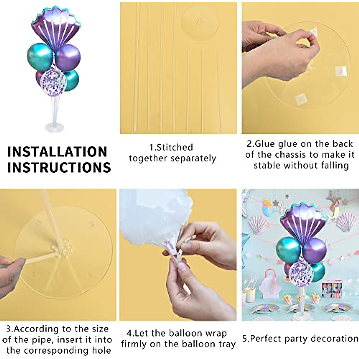 Mermaid Table Centerpiece Balloons Stand Kit 2 Sets with 2 Sea Shells Foil Balloons 14 Purple Blue Latex Balloons for Birthday Beach Mermaid Theme Sea Theme Party Mermaid Birthday Decorations