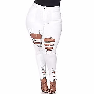 PYL Women Plus Size Denim Ripped Jeans, Distressed Skinny Stretchy White Jegging Pant (L-5XL)