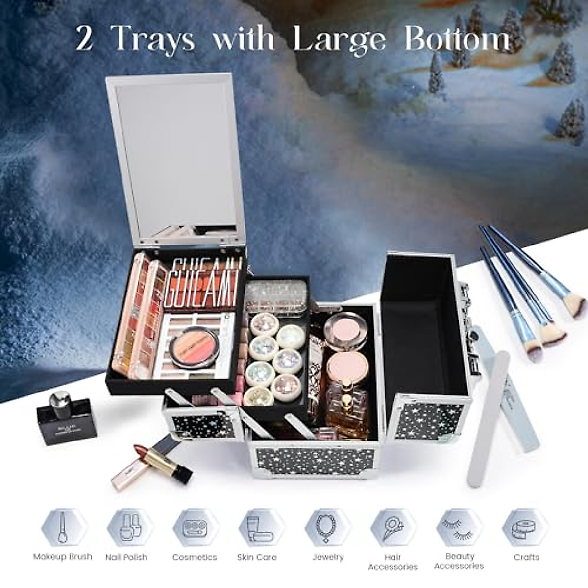 Joligrace Makeup Train Case Portable Cosmetic Box 2 Trays with Mirror Lockable for Makeup Nail Tech and Beauticians Traveling Makeup Storage Organizer - Black Star