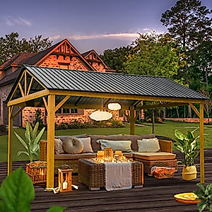 Domi Outdoor Living 12’x14’ Hardtop Gazebo Outdoor Aluminum Gazebo with Galvanized Steel Gable Roof for Lawn and Garden(Wood-Looking)