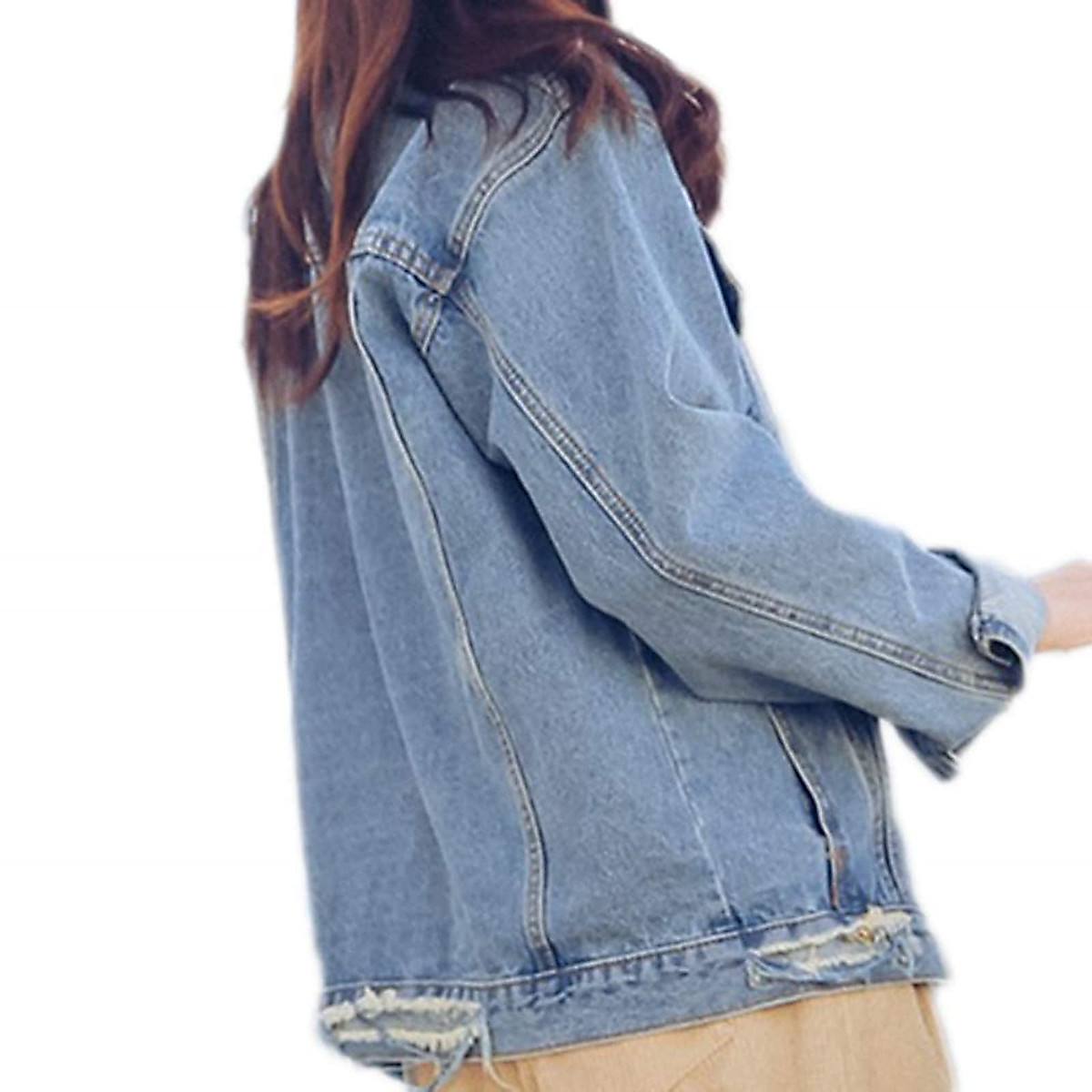 Saukiee Oversized Denim Jacket Distressed Boyfriend Jean Coat Jeans Trucker Jacket for Women Girls Lightblue M