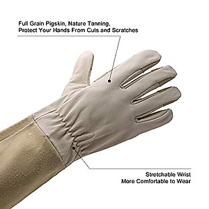Long Sleeve Leather Gardening Gloves,Puncture resistant,Breathable Pigskin Leather Gauntlet,Rose Pruning Floral Gauntlet Garden Gloves For Women and Men (Medium, Beige)