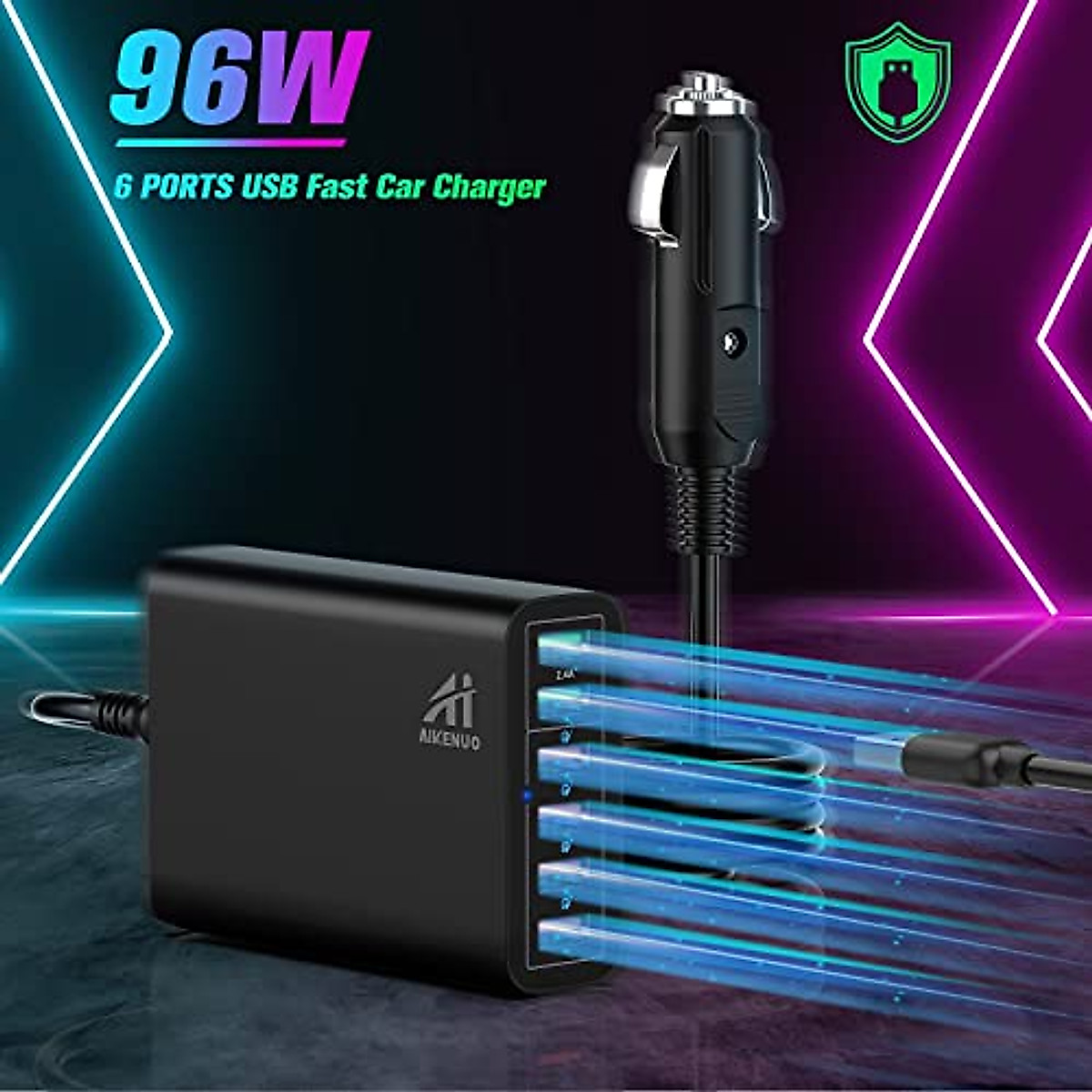 Multi Ports USB Car Charger, 96W 6 Port QC3.0 Fast Car Charger Adapter Multiple Ports, with Four Quick Charge 3.0 Port, 12V-24V Multi Device Cigarette Lighter for Smart Phone & Tablets Charging