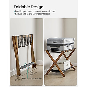 SONGMICS Luggage Rack, Folding Suitcase Stand with Storage Shelf, for Guest Room, Hotel, Bedroom, Heavy-Duty, Holds up to 131 lb, Walnut Brown URLR007D01