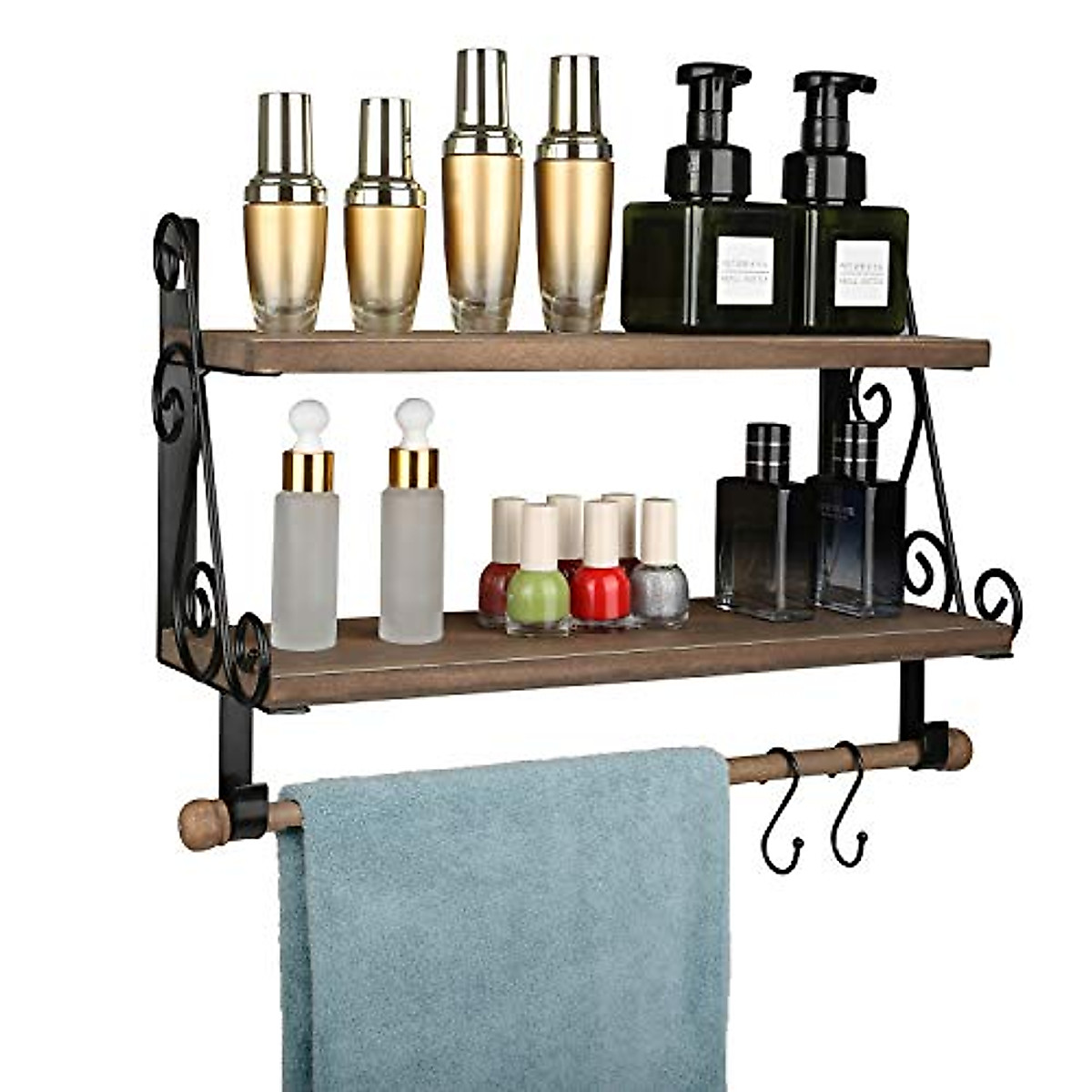 Halcent Floating Shelves Wall Mounted Storage Shelves, 2-Tier Rustic Farmhouse Wood Wall Shelf Kitchen Spice Rack Bathroom Shelf with Towel Bar and 8 Hooks