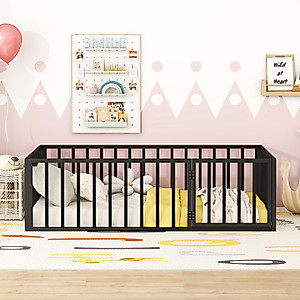 KTATK Twin Size Metal Floor Bed Frame with Fence and Door, Versatile Montessori Beds,No Box Spring Needed,Easy to Install,for Kids,Boys,Girls,Black