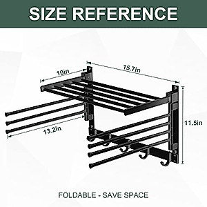 AUROPEAK Clothes Drying Rack Wall Mounted, Laundry Drying Rack Clothing, Drying Racks for Laundry with Swivel Towel Arms and Hanging Hooks, Space Organization for Laundry Room, Bathroom, Aluminum