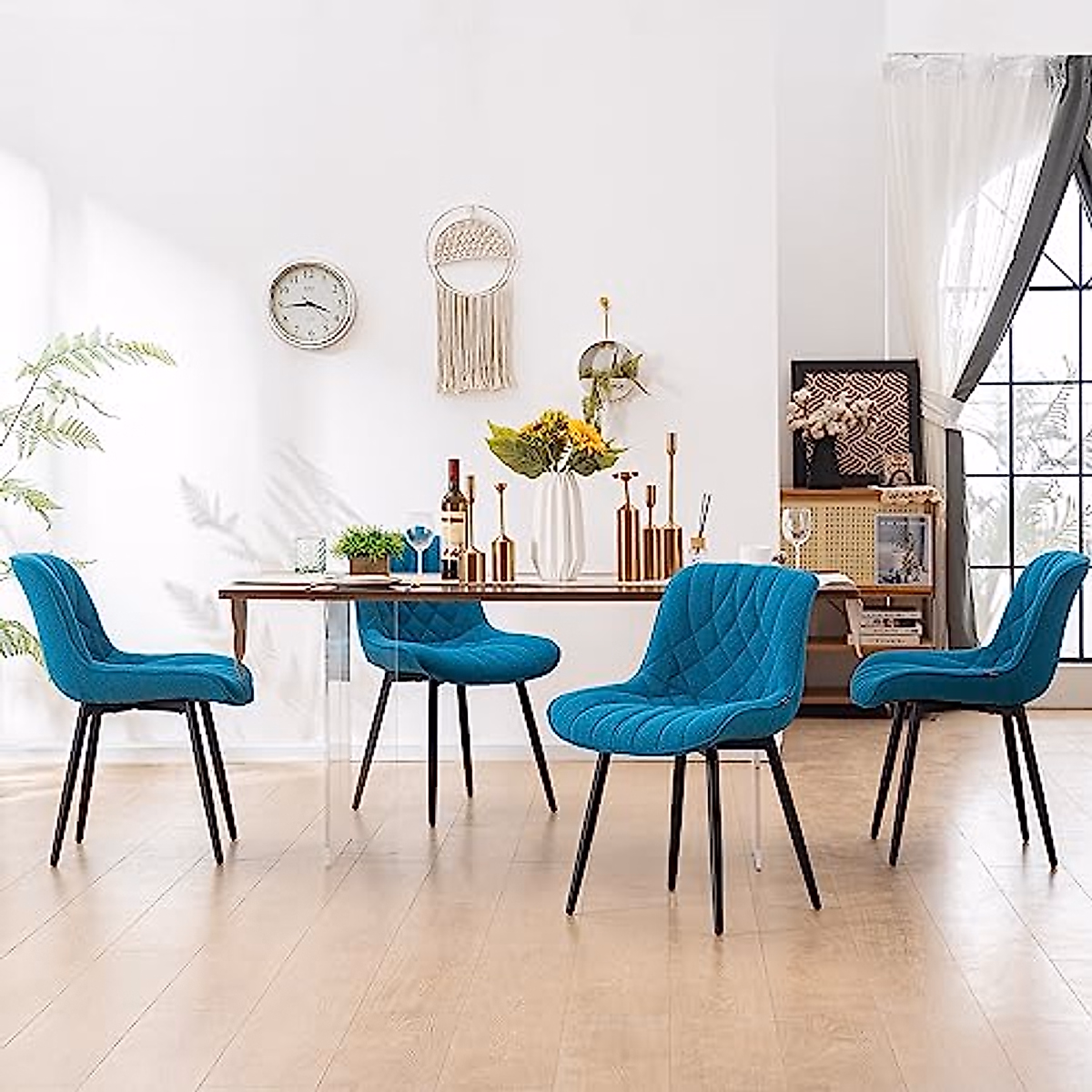 YOUNUOKE Comfortable Dining Chairs Set of 2, Mid-Century Modern Kitchen Dining Room Chairs, Upholstered Backrest Boucle Dining Chair with Black Metal, Teal