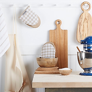 KitchenAid Ribbed Soft Silicone Water Resistant Pot Holder Set, Milkshake (2 Piece Set, 7"x9") and KitchenAid Gingham Mini Oven Mitt 2-Pack Set, Milkshake Tan (5.5"x8")