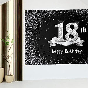 HAMIGAR 6x4ft Happy 18th Birthday Banner Backdrop - 18 Years Old Birthday Decorations Party Supplies for Girls Boys - Black Silver