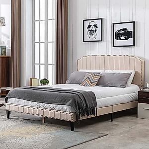 Queen Size Linen Upholstered Platform Bed Frame with Soft Curved Headboard and Wooden Slats Support, No Box Spring Needed for Boys Girls Teens Adults, Noise-Free, Under Bed Storage (Beige)