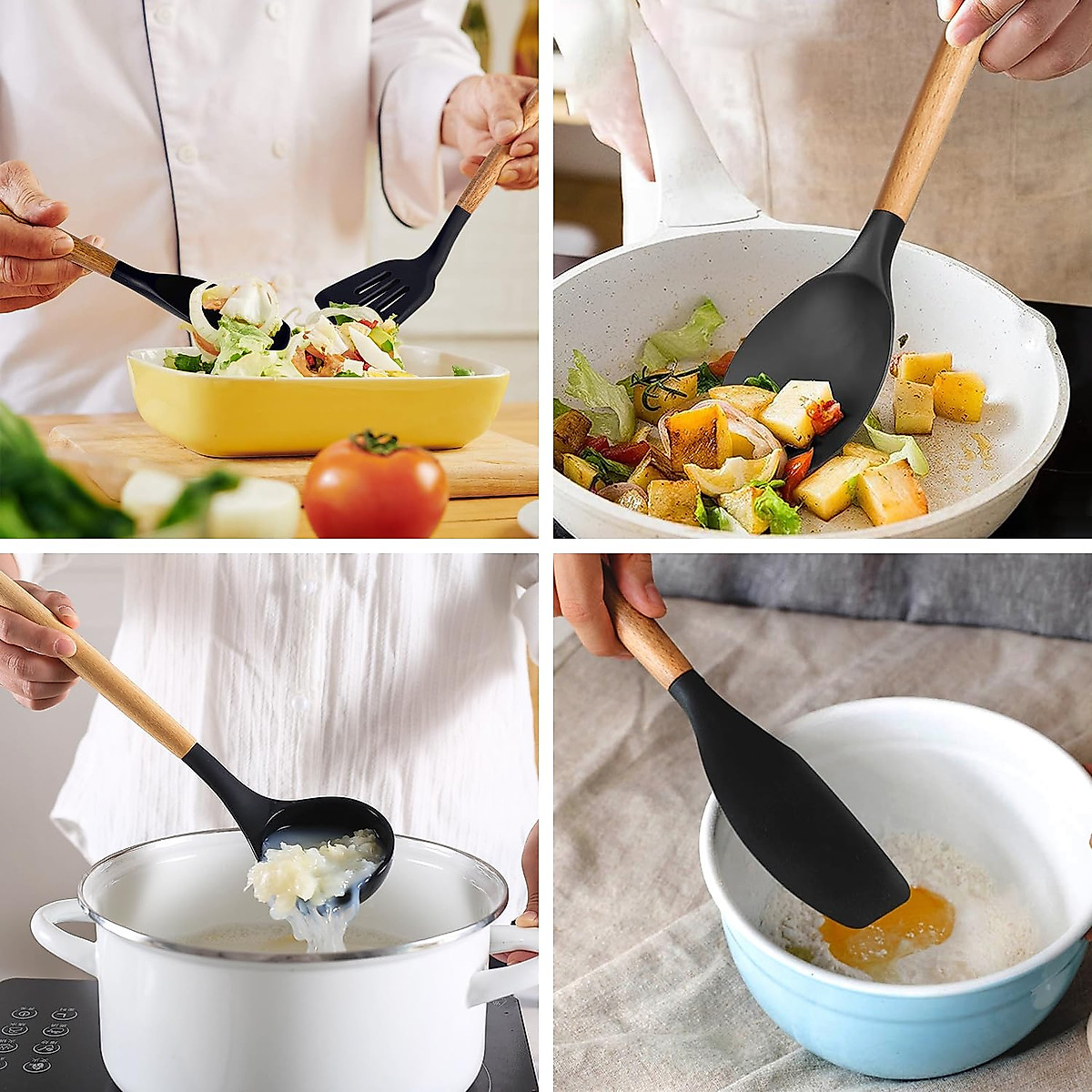 IOCBYHZ Silicone Kitchen Utensils Set of 6, Cooking Utensils Set with Heat Resistant Wooden Handle, Nonstick Silicone Spatula Spoon Turner Ladle Set, Silicone Kitchen Gadgets Utensil Set for Cookware