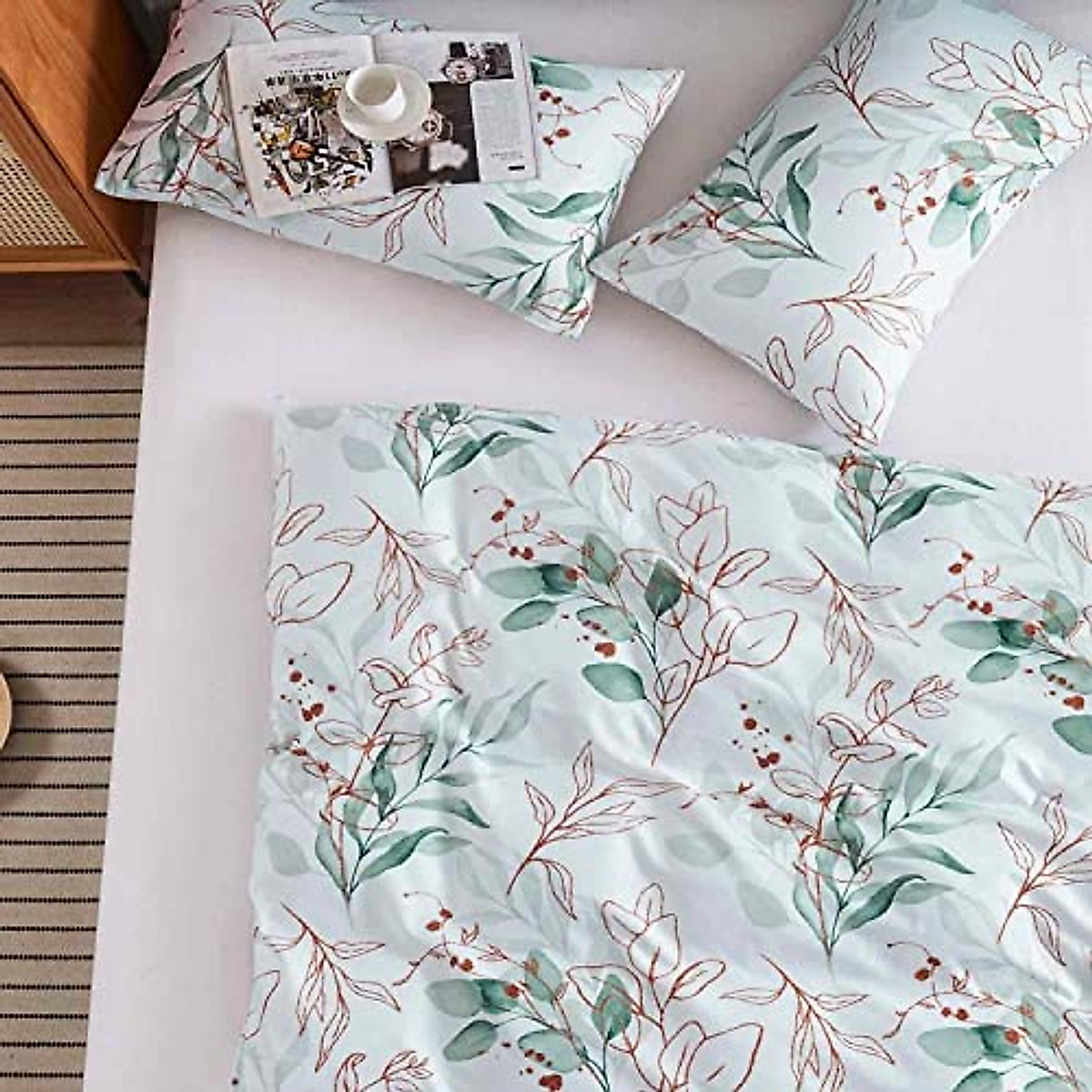 ETDIFFE Floral Duvet Cover Queen Size, 3 Piece Farmhouse Leaves Botanical Garden Pattern Microfiber Comforter Cover Set, Soft and Lightweight Reversible Quilt Cover with Zipper, Green and White