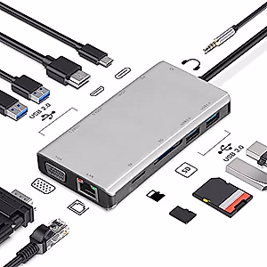 OCUhome 11-in-1 USB C Hub, High Speed Mini Docking Station, Universal Type-C Adapter Dongle with 4 USB Ports SD/TF Card Reader VGA Silver Gray