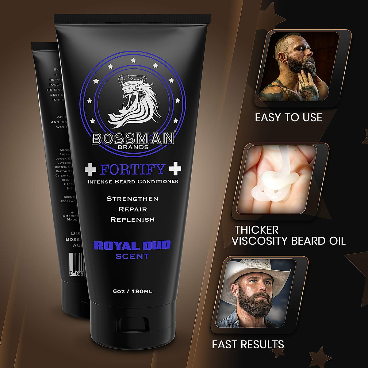 Bossman Fortify Intense Beard Conditioner - Shower Beard Wash - Beard Straightener for Men - Moisturizer and Beard Softener for Men - Beard Growth Products - Made in USA (Royal Oud Scent)