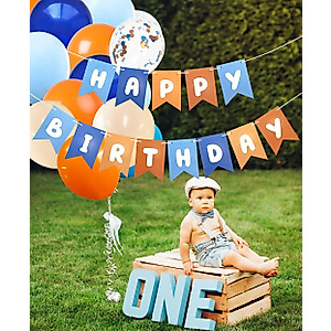 Runhiskii Blue and Orange Birthday Banner, Happy Birthday Banner Blue Orange Party Decorations for Boys, Kids Birthday Decoration Boys’ 1st Birthday Decor