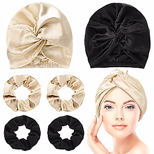 Geyoga 6 Pcs Reusable Large Silk Bonnet Hair Wrap for Sleeping, Natural Silk Scrunchy, Soft Scrunchies, Silk Ponytail Holder for Women's Hair Care (Black, Beige)