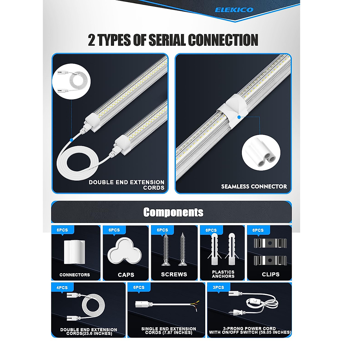 ELEKICO 6 Pack 50w 4ft Led Shop Light, Super Bright 7500lm 5000k V Shape 4' Led Shop Lights, Linkable 4 Foot Led Shop Lights for Garage Warehouse, Supermarket, Basement, Barn, Storage Area