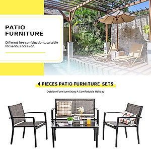 Shintenchi 4 Pieces Patio Furniture Set All Weather Textile Fabric Outdoor Conversation Set, with Glass Coffee Table, Loveseat, 2 Single Chairs for Home, Garden, Lawn, Porch (Brown）