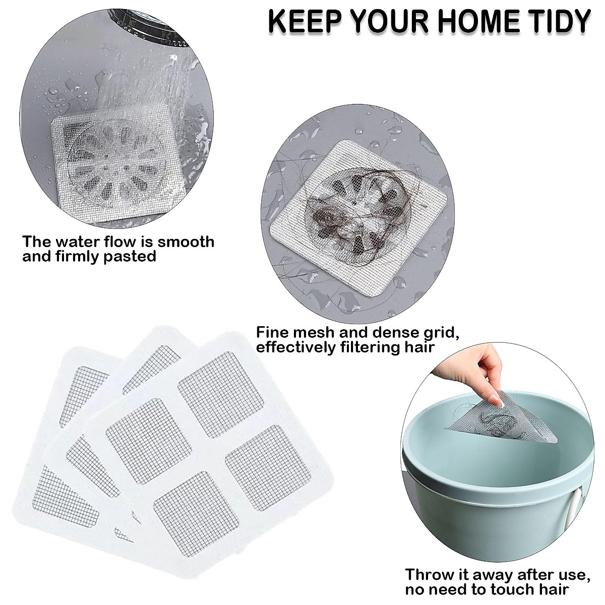 30 PCS Pack, 4" X 4" Disposable Shower Drain Mesh Strainer, Multifunctional Shower Drain Cover Hair Catcher for Bathroom Laundry Bathtub Kitchen Sink, Hair Drain Sticker for Human and pet