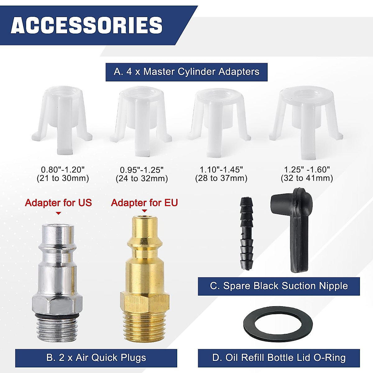 DASBET Pneumatic Brake Fluid Bleeder Tool with 4 Master Cylinder Adapters 90-120 PSI