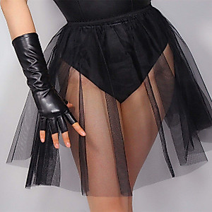 Women Half Finger Latex Long Gloves Faux Patent Leather Shine 28cm Fingerless Cosplay Gloves (Black)