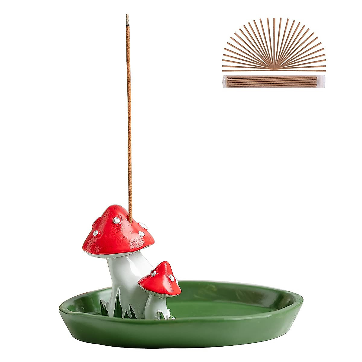CHUNCHE Cute Mushroom Incense Holder with 30 Incense Sticks, Handmade Resin Burner, Nature Theme Incense Tray, Adorable Home Decoration Accessories(Green)