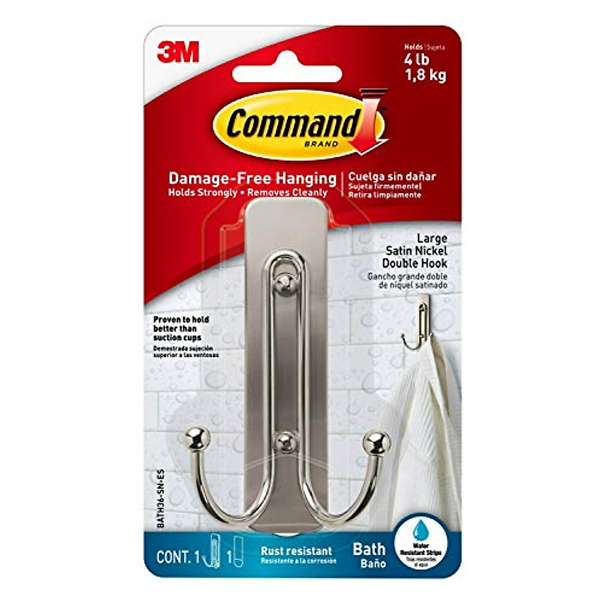 Command Large Double Bathroom Wall Hook, Damage Free Hanging Bath Hook with Adhesive Strip, Double Hook for Hanging Bath Towels, 1 Satin Nickel Colored Wall Hook and 1 Water-Resistant Command Strip, 0
