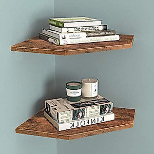 BCOZLUX Corner Shelf Wall Mount, Set of 2 Floating Corner Shelves, Wood Corner Hanging Shelf with Cable Hole for TV, Speaker WiFi Router, for Bathroom Bedroom Kitchen, Rustic Brown and Black