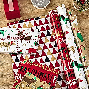 Hallmark Christmas Reversible Wrapping Paper Bundle, Pets and Patterns (Pack of 3, 120 sq. ft. ttl) Cats, Dogs, Stripes, Polka Dots, Paw La La La