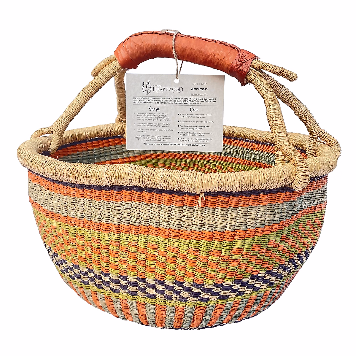 Africa Heartwood Project - Deluxe Colorful African Basket with Leather Handles - Handmade from dried Elephant Grass, Hand-Woven by Women in Bolgatanga, Ghana - Large 16" Round (Flat-packed)