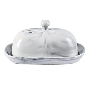 Yundu Grey Marble Butter Dish with Lid, Ceramics Butter Keeper Container, Perfect for East/West Butter