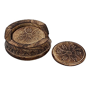GoCraft Wooden Coasters Set of 6 | Handmade Drink Coasters with Lotus Shaped Holder in Rustic Wood Design Carving