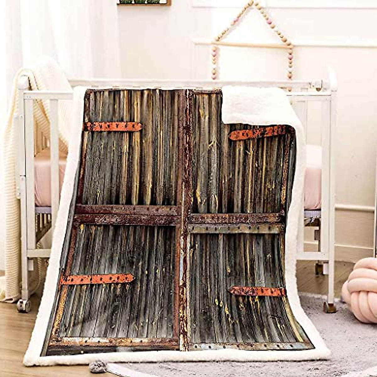 DALEM Soft Fleece Throw Blanket - Fluffy Microfiber Solid Blankets for Bed and Couch Double/Single Size - 59X79Inch Iron Wooden Door Printed Flannel Blanket for Bed, Couch and Sofa