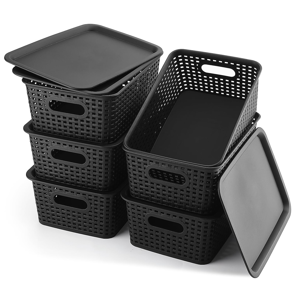 AREYZIN Storage Bins Plastic Storage Baskets With Lid Small Baskets for Organizing Stackable Storage Container Organizer Bins for Shelves Drawers Desktop Playroom Classroom Office, 6 Pack,Black
