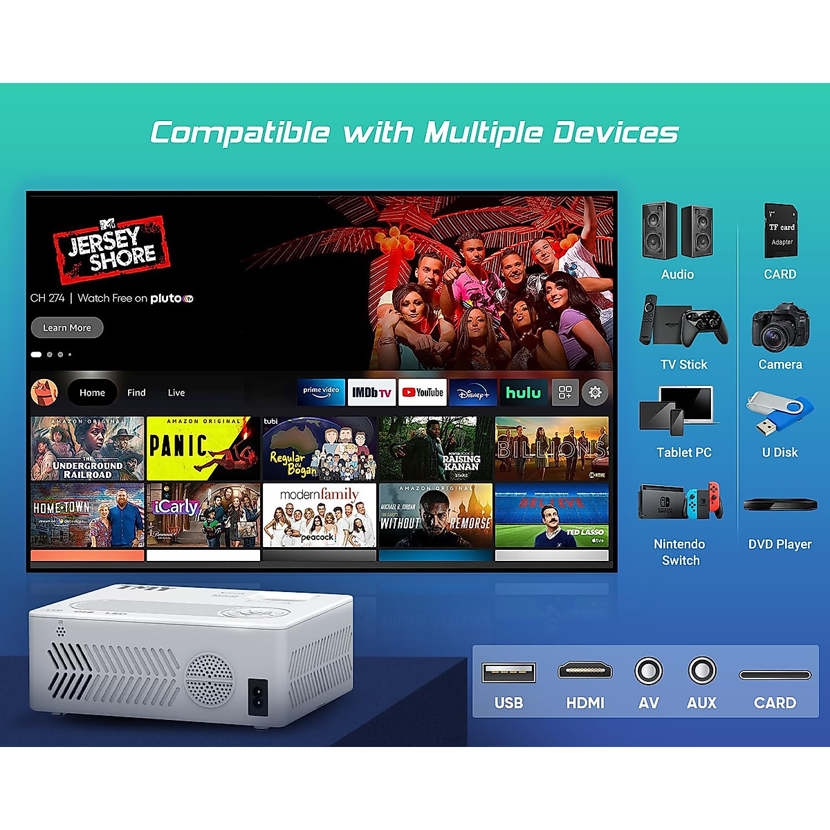 TMY Projector with WiFi and Bluetooth, Native 1080P 5G WiFi Outdoor Projector with 100" screen, 4K Supported Portable Projector, Compatible with iOS/Android/PC/TV Stick/HDMI/AV/USB, Indoor Outdoor Use