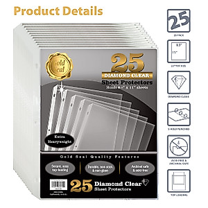 25 Count Diamond Clear Extra Heavyweight Sheet Protectors, 4 mils Strong, by Gold Seal, 8.5 x 11", Top Load, 25 Pack