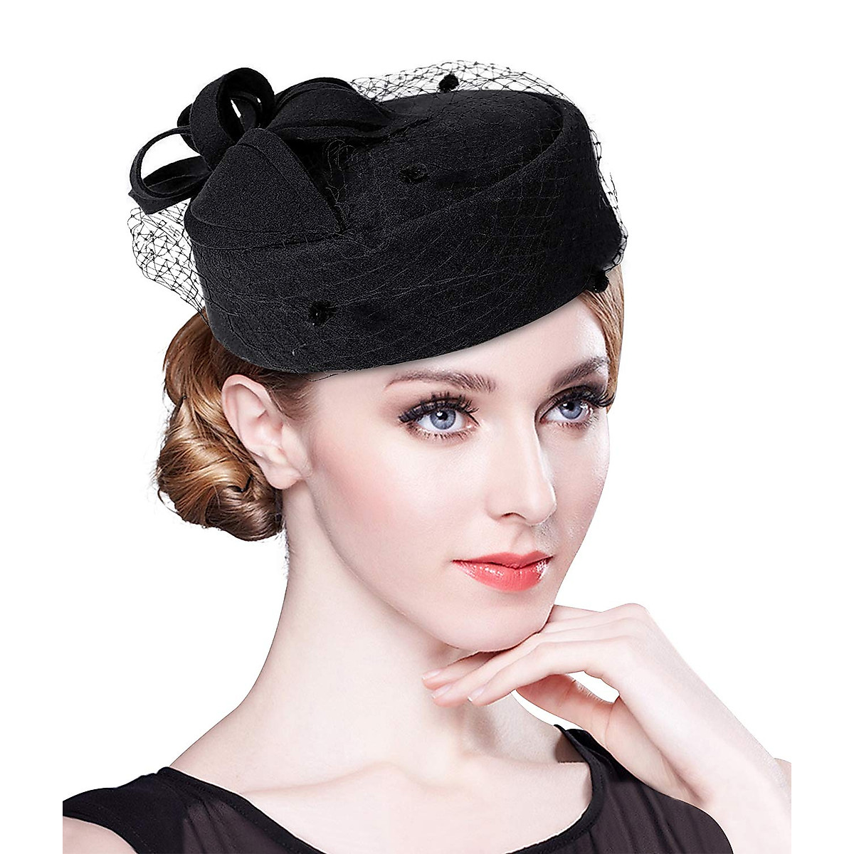Z&X British Vintage Wool Felt Pillbox Hat Ladies Church Derby Winter Fascinator Hat Veil Flower Fedoras Black