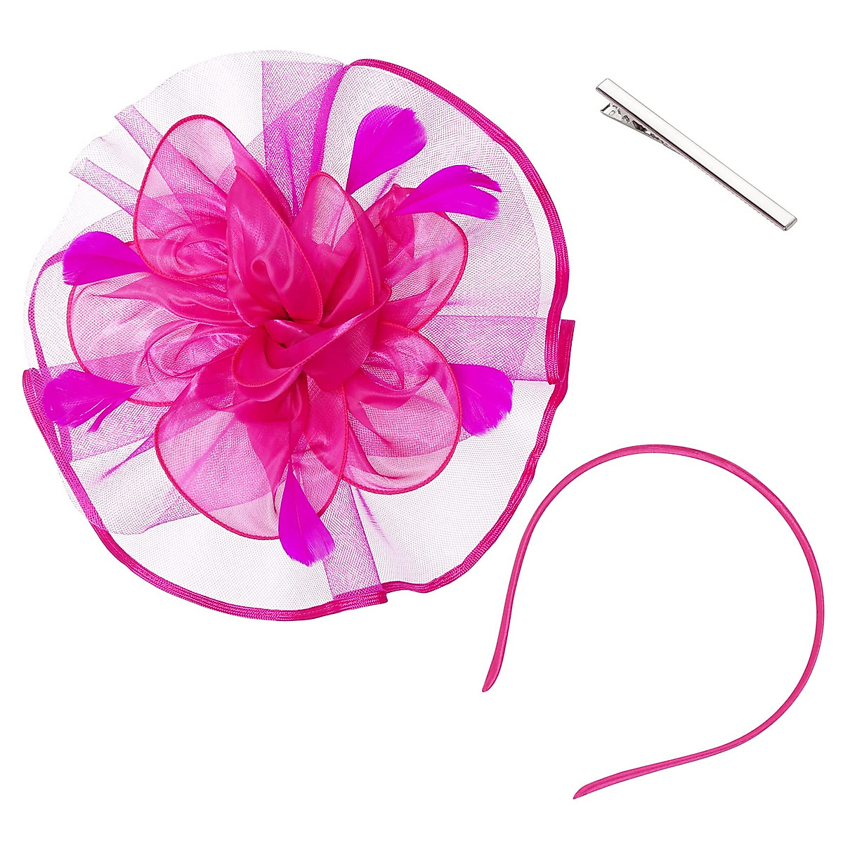 Fascinators Hat for Women Tea Party Fascinator 20s 50s Cocktail Church Wedding Headwear Large Ruffle Fascinator Hat (Fuchsia Red)