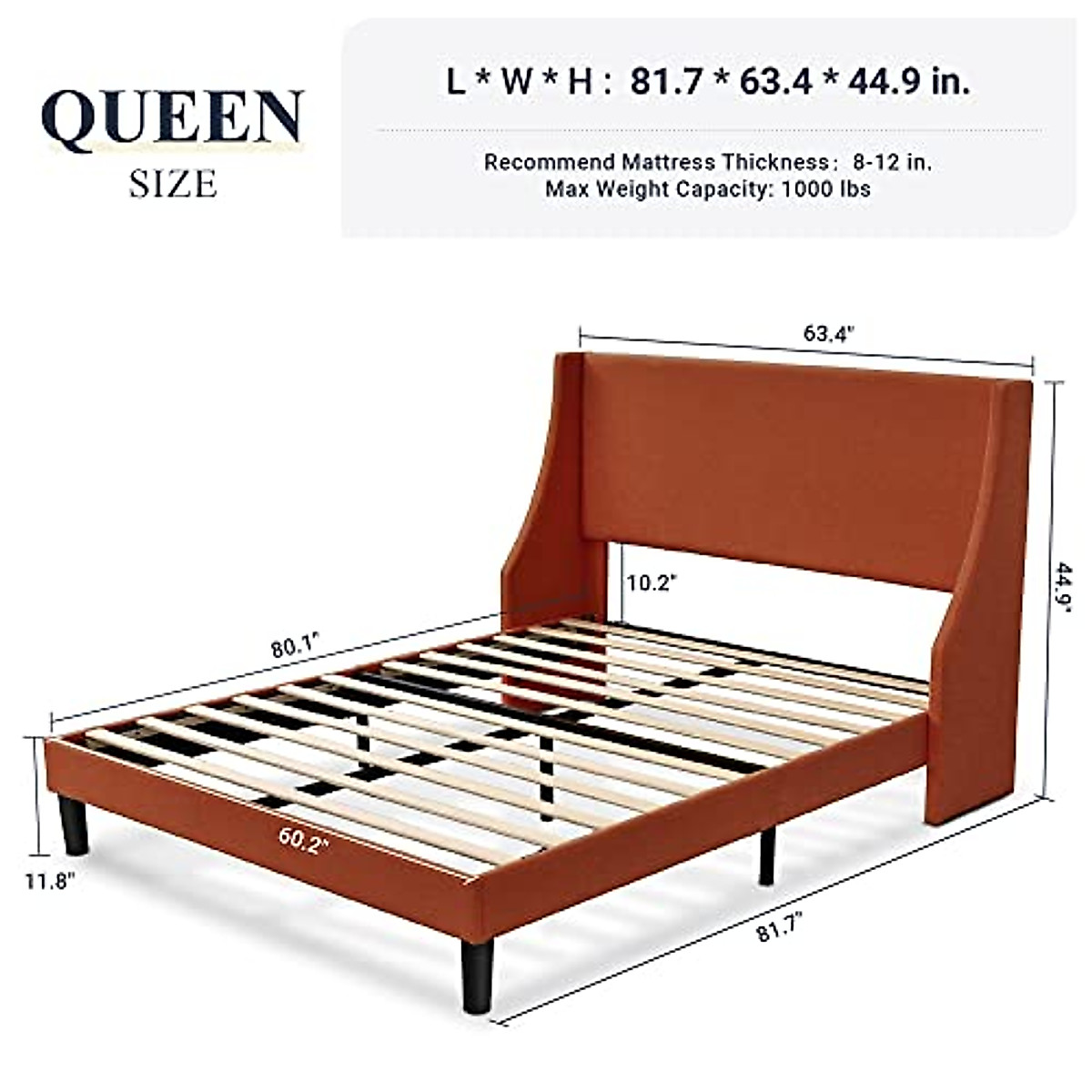 Allewie Queen Bed Frame, Platform Bed Frame Queen Size with Upholstered Headboard, Modern Deluxe Wingback, Wood Slat Support, Mattress Foundation, Burnt Orange