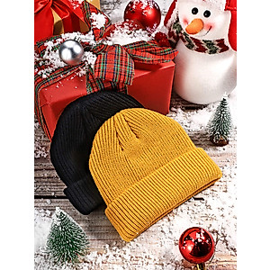 SATINIOR 2 Pieces Winter Short Fisherman Beanie Hat Trawler Beanie Watch Hat Edge Skullcap for Men (Black and Yellow)