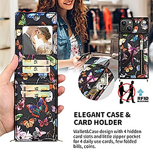 HOGGU Crossbody iPhone 14 Case Wallet with Card Holder, Floral Leather iPhone 14 Crossbody Case with Strap, Kickstand, Zipper Purse, Protective Square Phone Case Cover for Women Girls-Butterfly