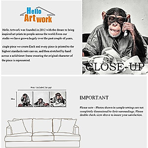 iHAPPYWALL 3 Piece Monkey Canvas Print Wall Art Funny Chimpanzee On The Phone At The Desk Modern Pop Animal Ape Canvas Painting Framed For Home Office Decoration 12x12inchx3pcs