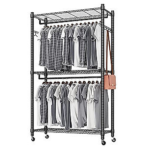 Heavy Duty Garment Rack on Wheels, Portable Clothes Racks for hanging clothes, Simple Sturdy Wardrobe Rack with Double Hanging Bar, 2 Hanger Hooks - Hold Up to 400Lbs (Black, 2Rod 2Hook)